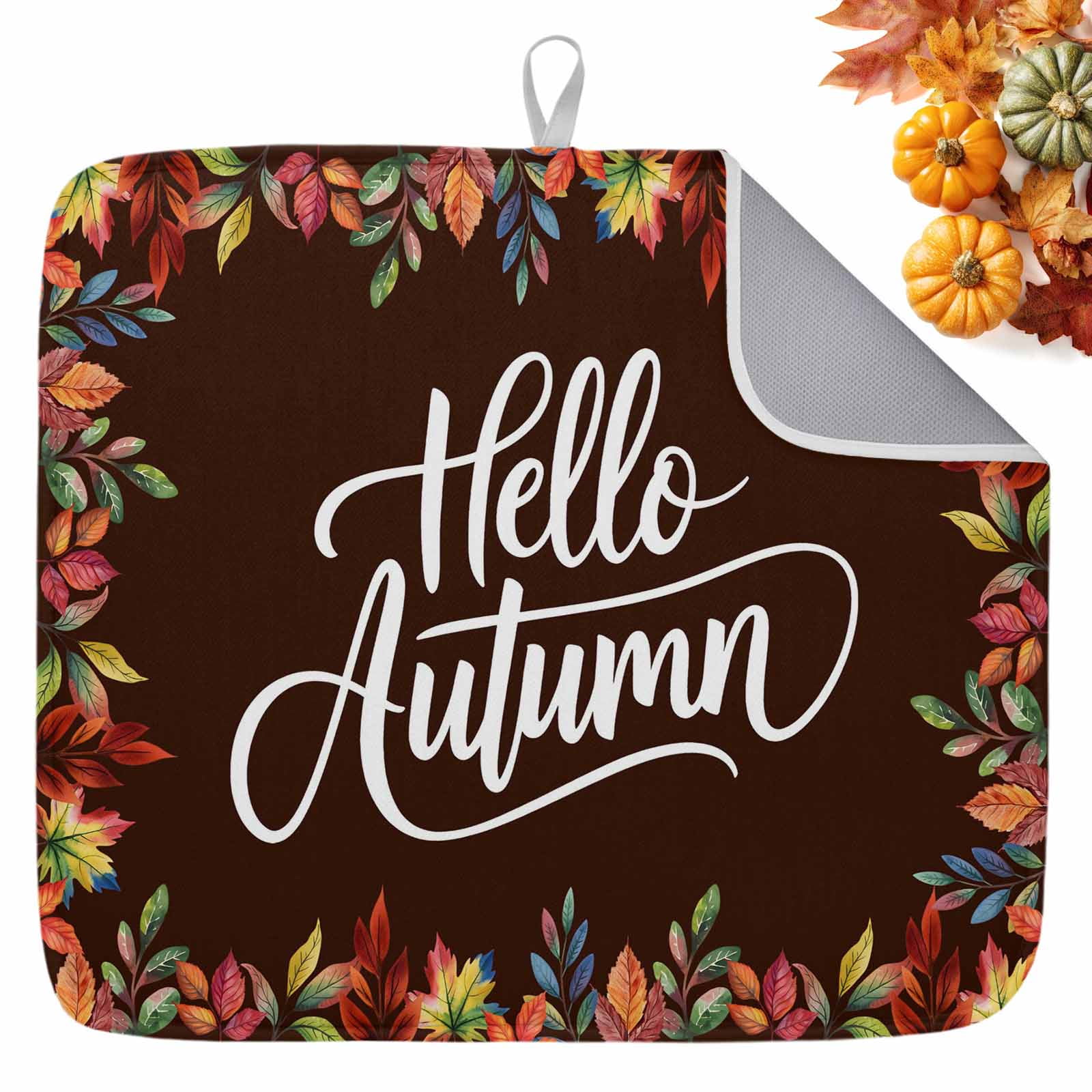 Fall Dish Drying Mat for Kitchen Counter Hello Autumn Maple Leaves ...