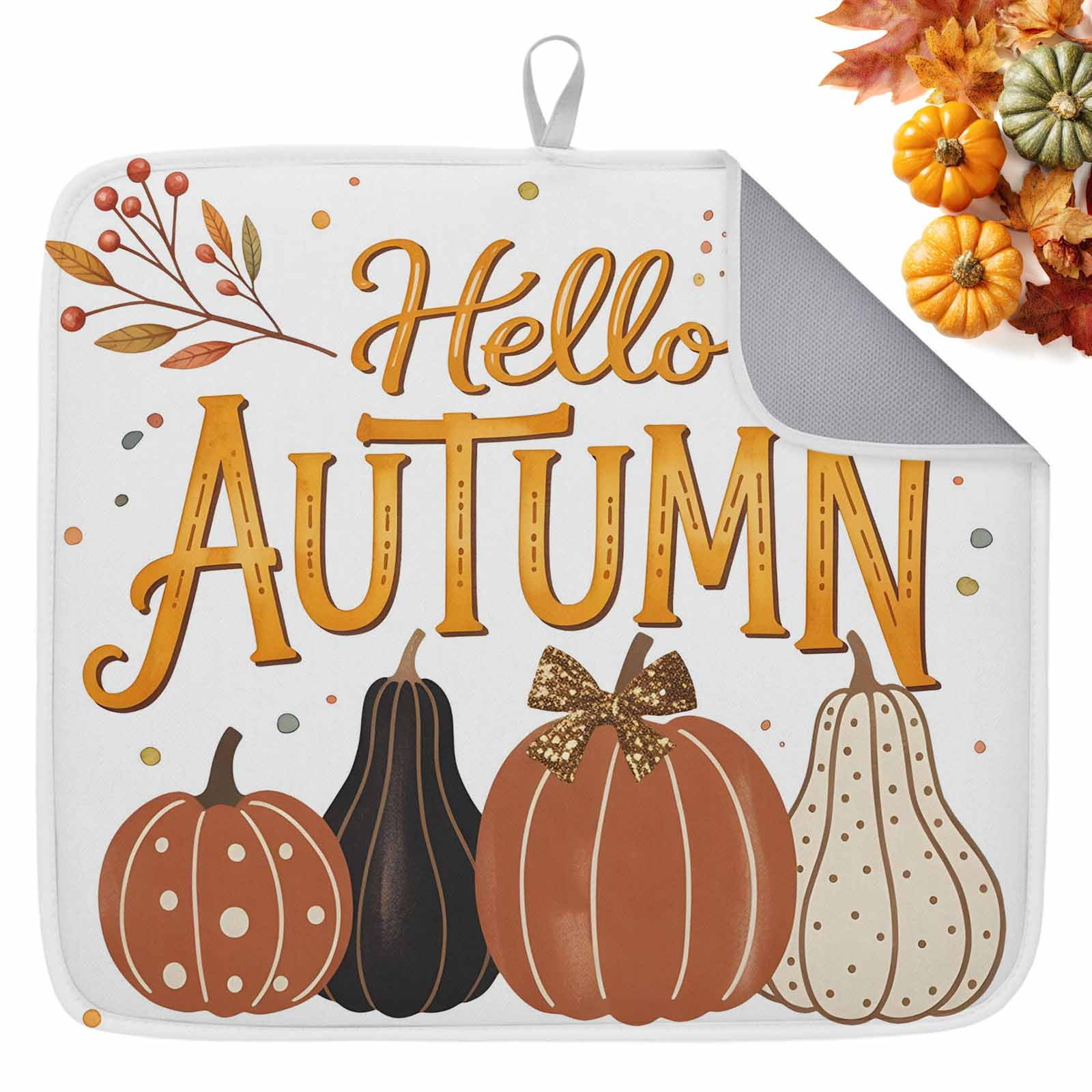 Fall Dish Drying Mat for Kitchen Counter Hello Autumn Pumpkin Drying ...