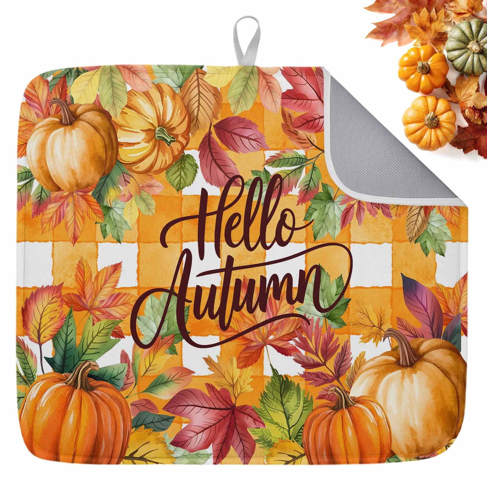 Fall Dish Drying Mat for Kitchen Counter Hello Autumn Pumpkin Drying ...