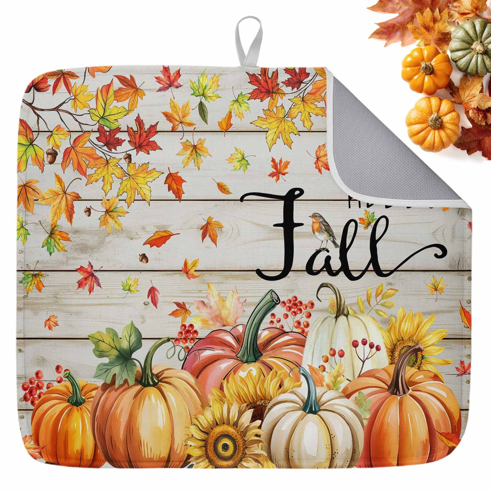 Fall Dish Drying Mat for Kitchen Counter Hello Fall Pumpkin Drying Pad ...