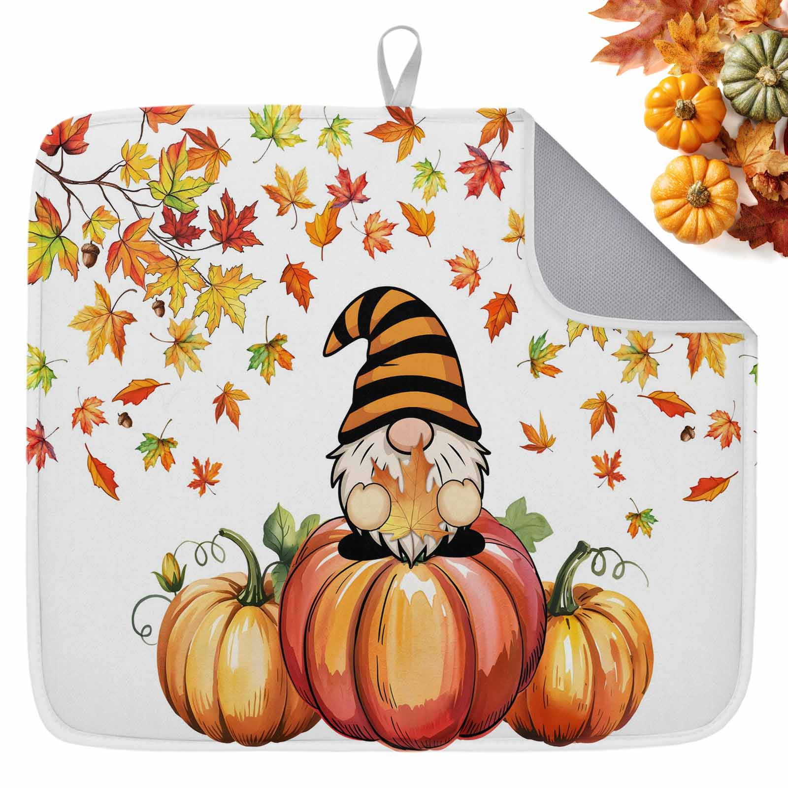 Fall Dish Drying Mat for Kitchen Counter Orange Pumpkin Gnome Drying ...