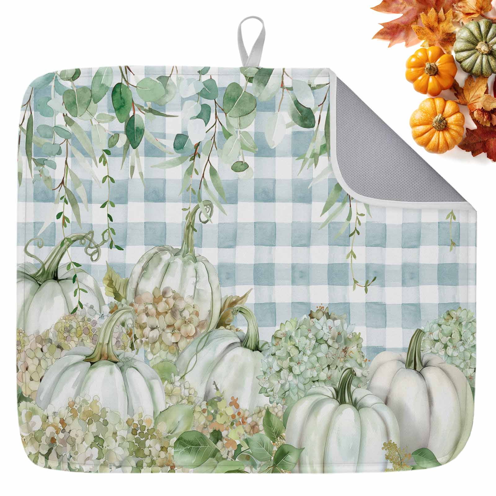 Fall Dish Drying Mat for Kitchen Counter Pumpkin Eucalyptus Leaf Drying ...