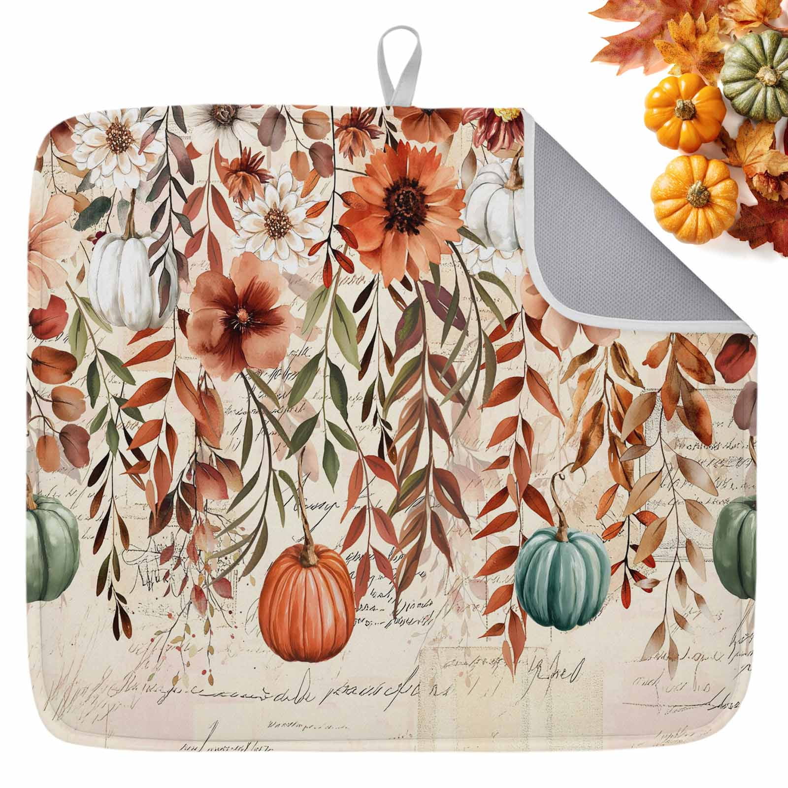 Fall Dish Drying Mat for Kitchen Counter Pumpkin Floral Leaves Drying ...