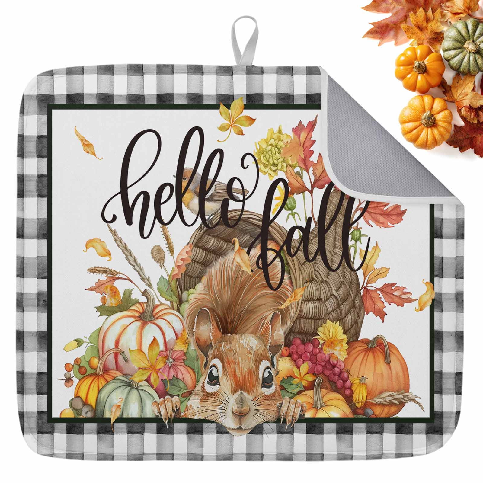 Fall Dish Drying Mat for Kitchen Counter Pumpkin Squirrel Drying Pad ...