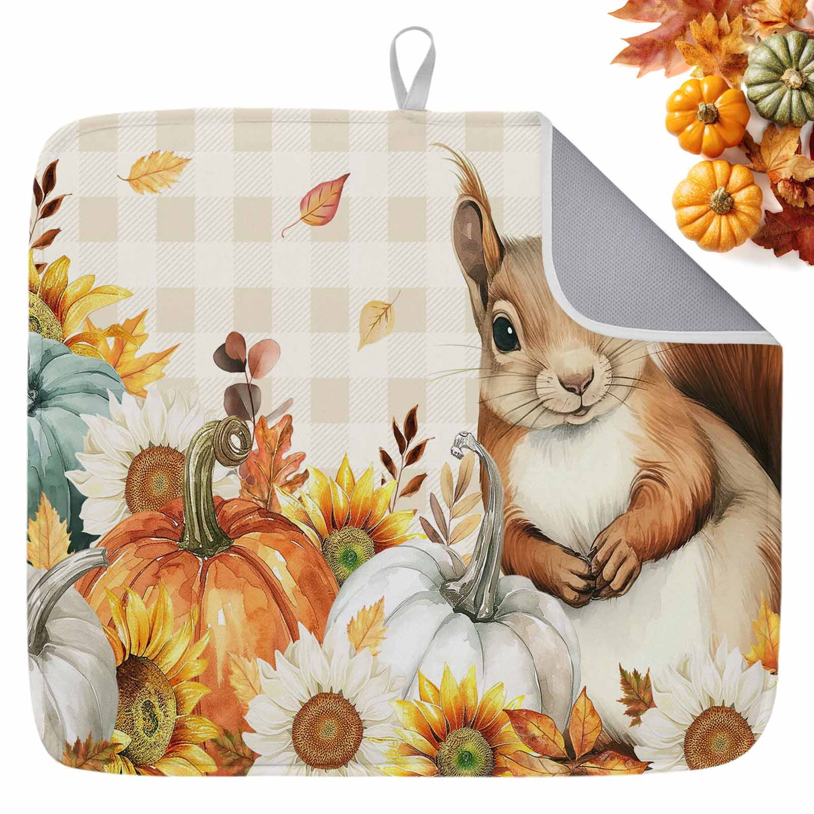 Fall Dish Drying Mat for Kitchen Counter Pumpkin Squirrel Drying Pad ...
