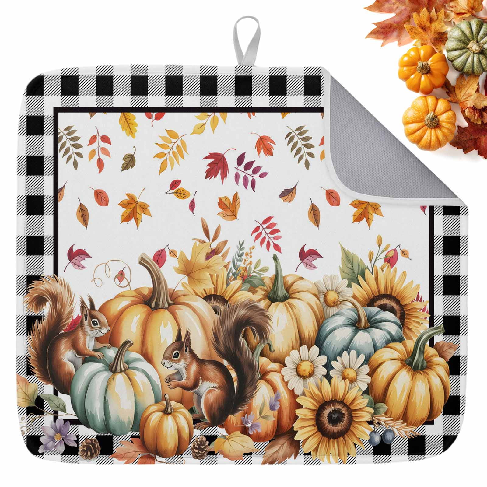 Fall Dish Drying Mat for Kitchen Counter Pumpkin Squirrel Drying Pad ...