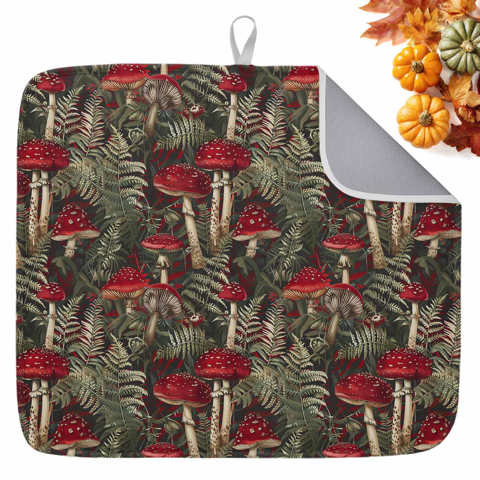 Fall Dish Drying Mat for Kitchen Counter Red Mushroom Drying Pad ...