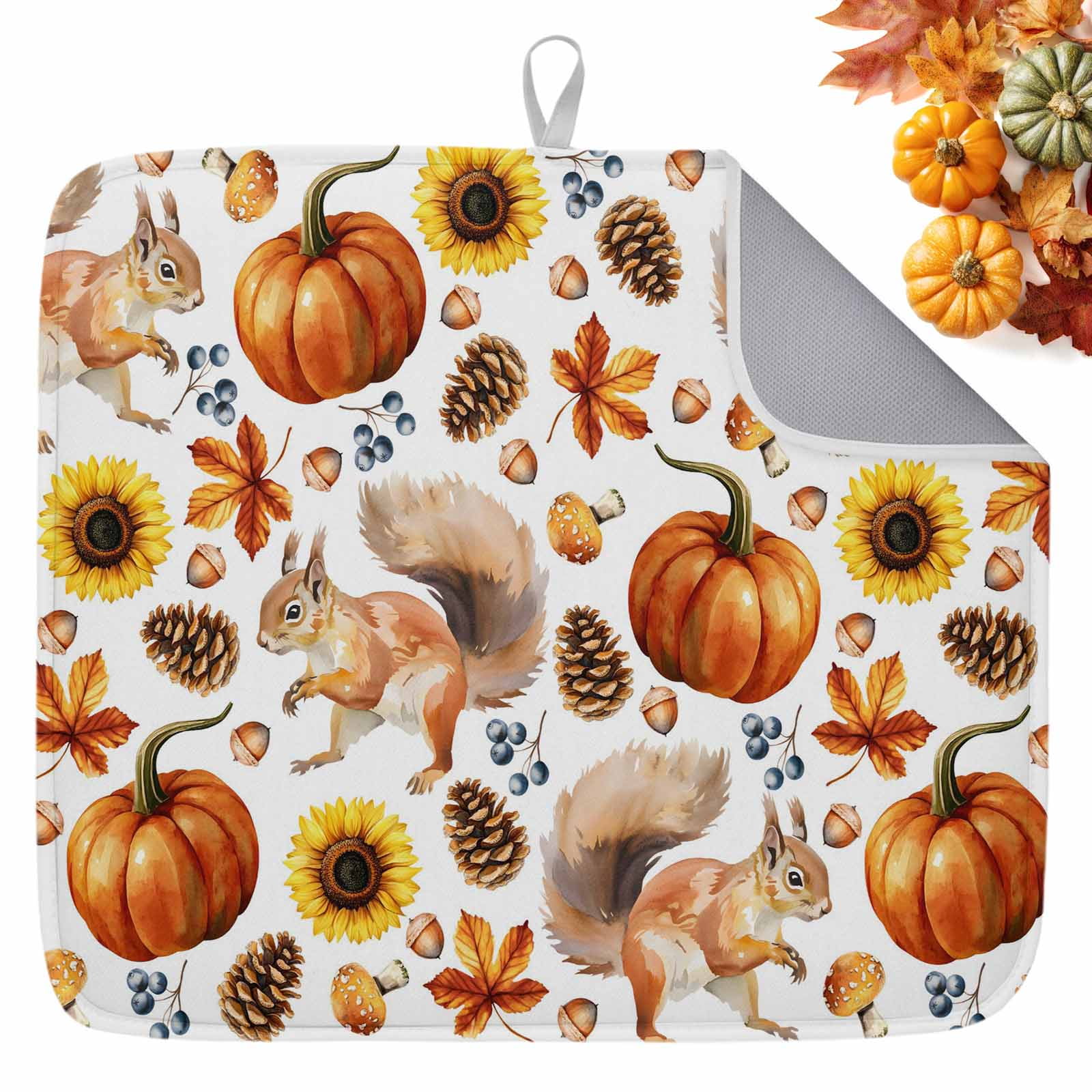 Fall Dish Drying Mat for Kitchen Counter Squirrel Pine Cones Drying Pad ...