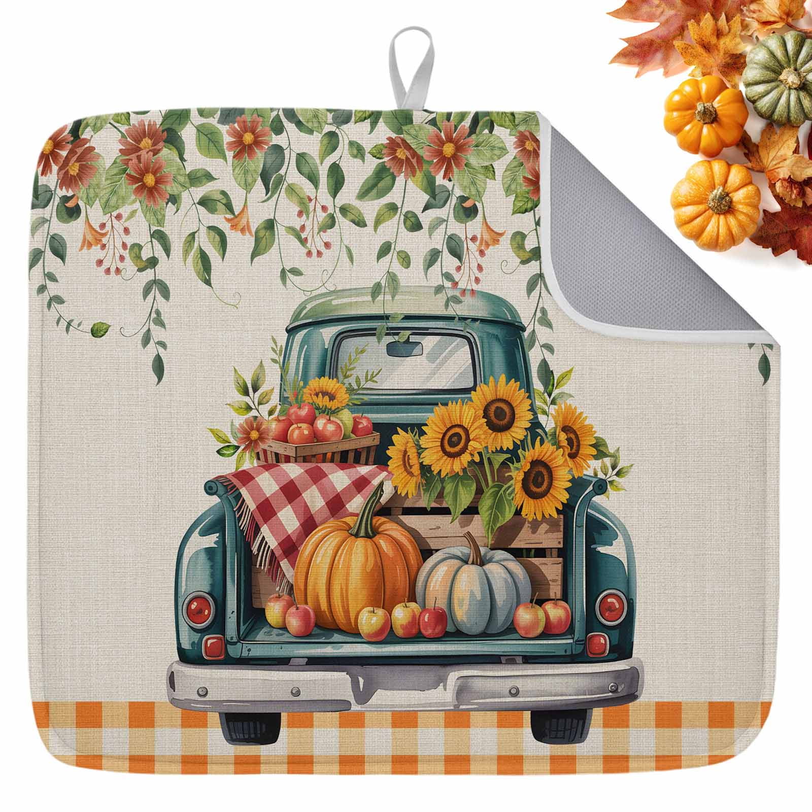 Fall Dish Drying Mat for Kitchen Counter Sunflower Pumpkin Truck Drying ...