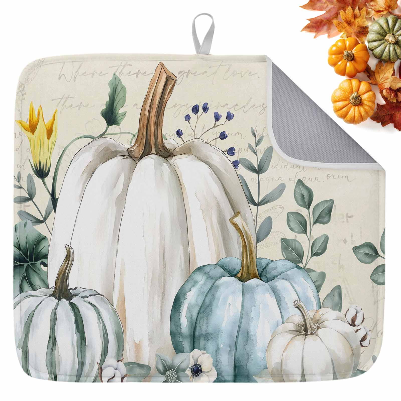 Fall Dish Drying Mat for Kitchen Counter White Teal Blue Pumpkin Drying ...