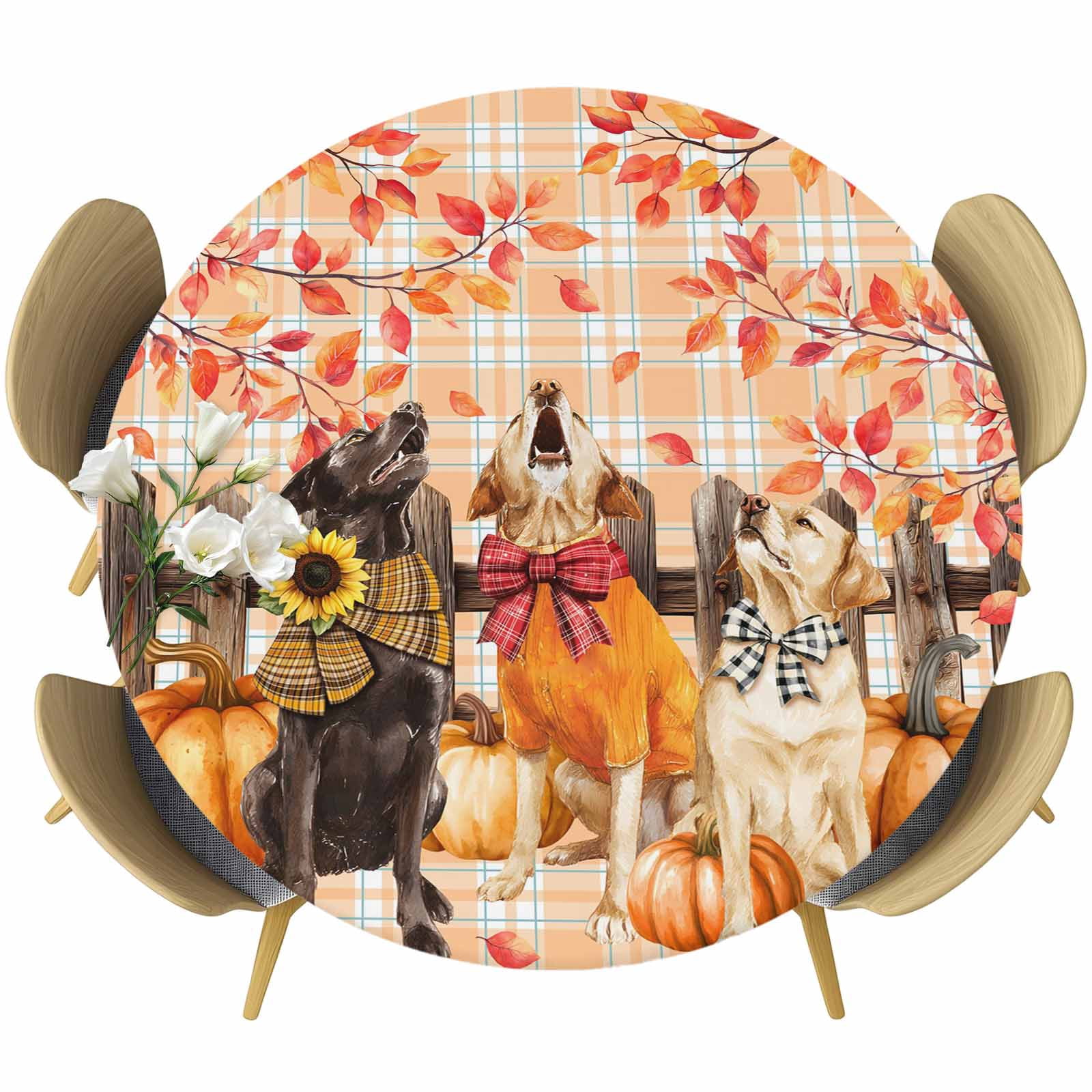 Fall Dogs Round Tablecloth, Fitted Table Cover with Elastic for 55"-60 ...