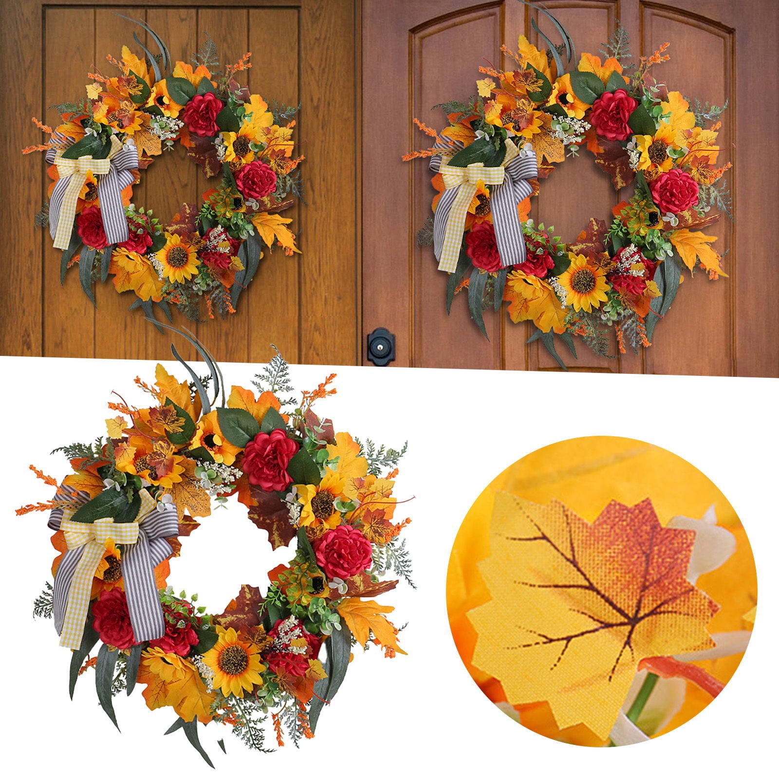 Fall Door Decor Maple Leaf Wreath, Bow, Rattan Ring, Door Hanging ...