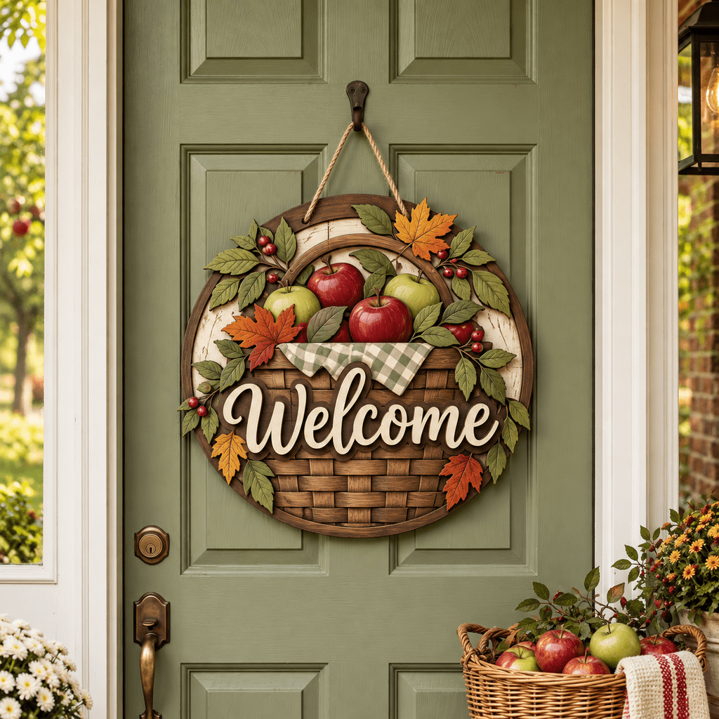 Fall Door Hanger Apple Basket with Autumn Leaves, Welcome Sign for ...