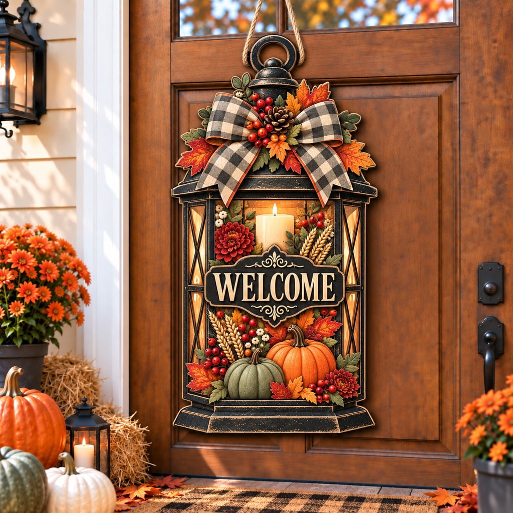 Fall Door Hanger, Black Lantern with Pumpkins, Mums, Maple Leaves and ...