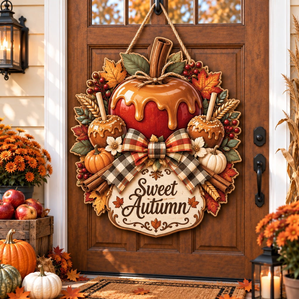 Fall Door Hanger, Caramel Apple and Pumpkin Sweet Autumn Sign with ...