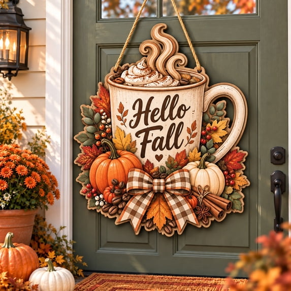 Fall Door Hanger, Cozy Coffee Cup and Pumpkin Welcome Sign for Front ...