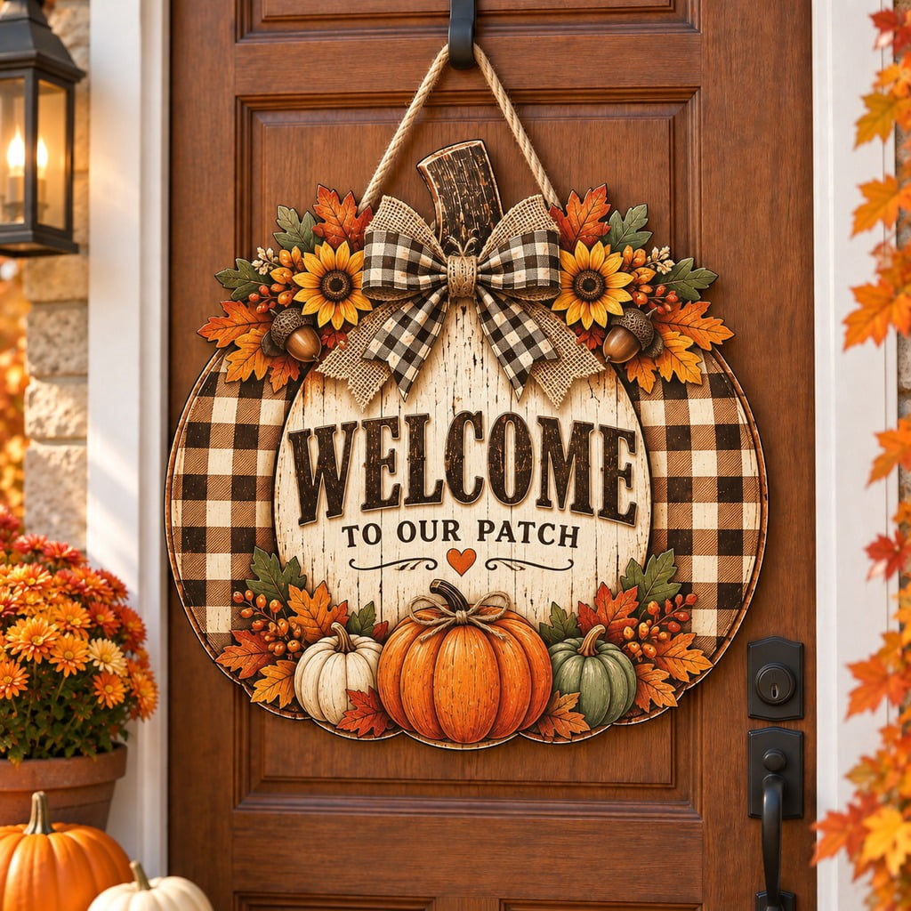 Fall Door Hanger Gingham Pumpkin and Sunflower Welcome Sign for Autumn ...