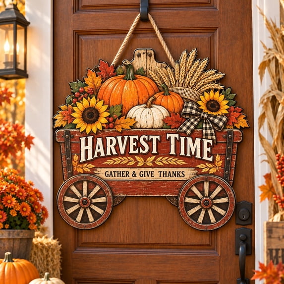 Fall Door Hanger Harvest Wagon Pumpkins Sunflowers Front Entry ...