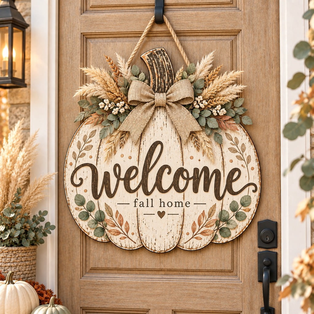 Fall Door Hanger Neutral Boho Pumpkin with Pampas Grass and Eucalyptus ...