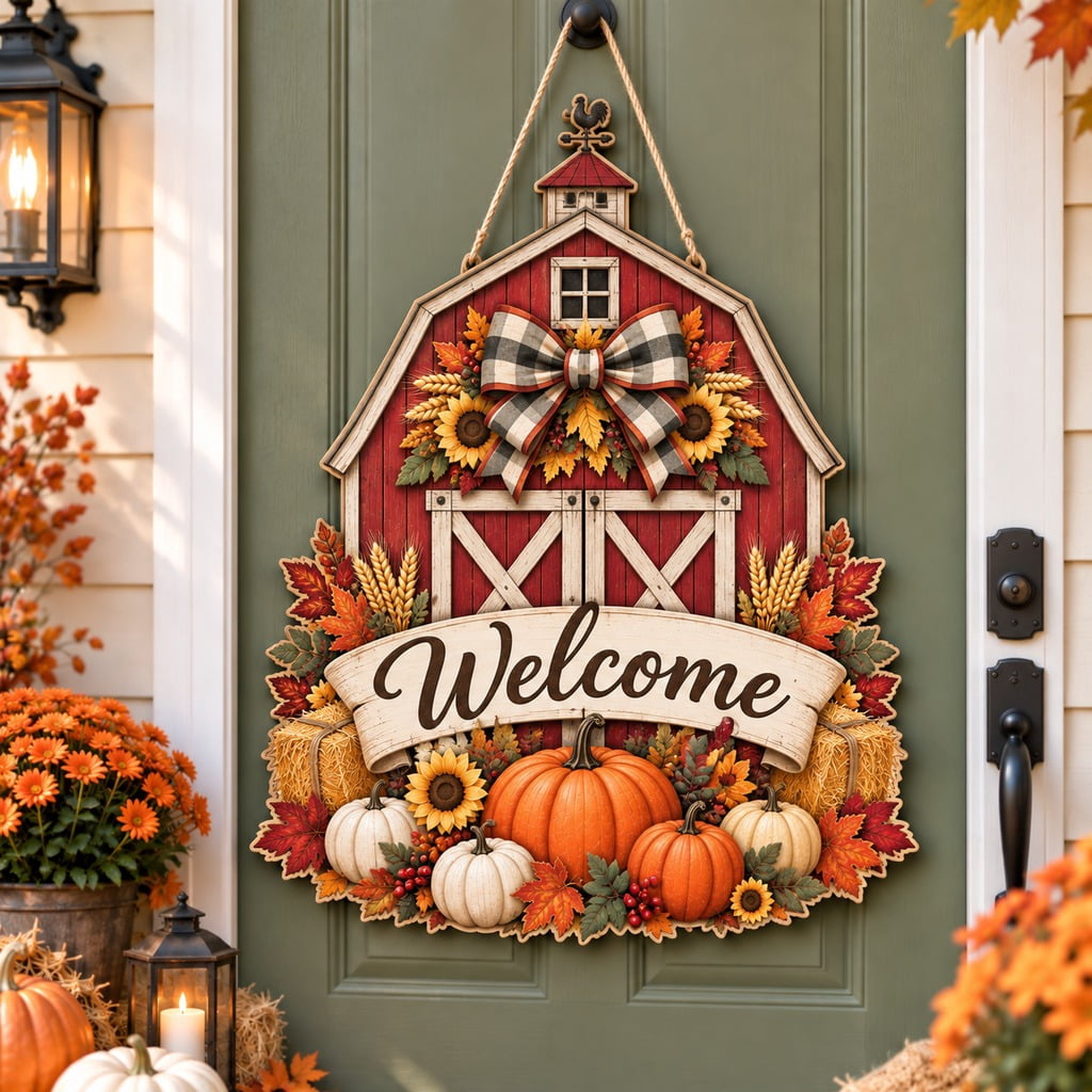 Fall Door Hanger, Red Country Barn with Pumpkins, Hay Bales and Leaves ...