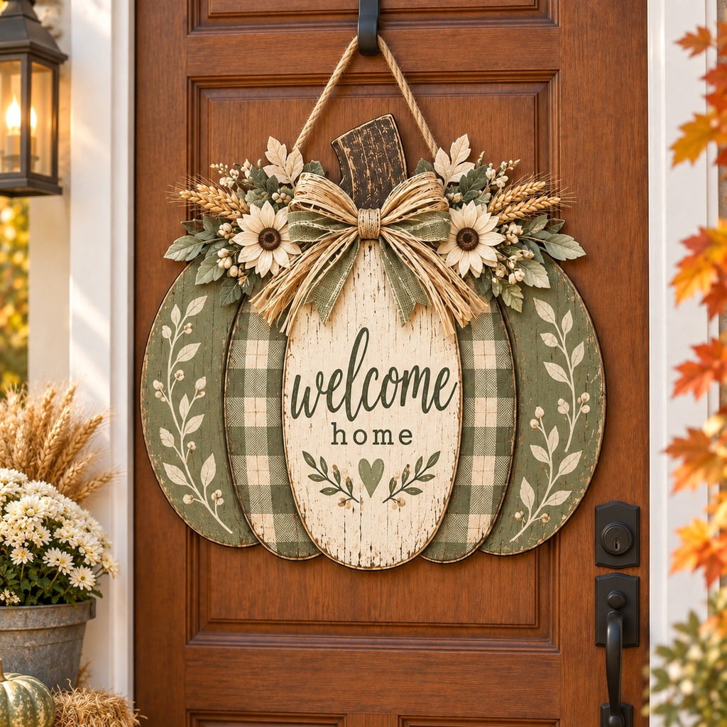 Fall Door Hanger Sage Green Pumpkin Floral Welcome Sign for Entryway ...