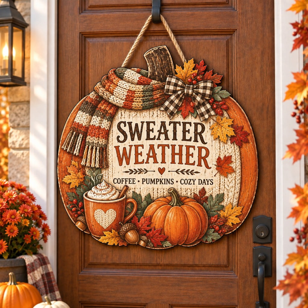 Fall Door Hanger Sweater Weather Pumpkin Coffee Front Entry Welcome ...