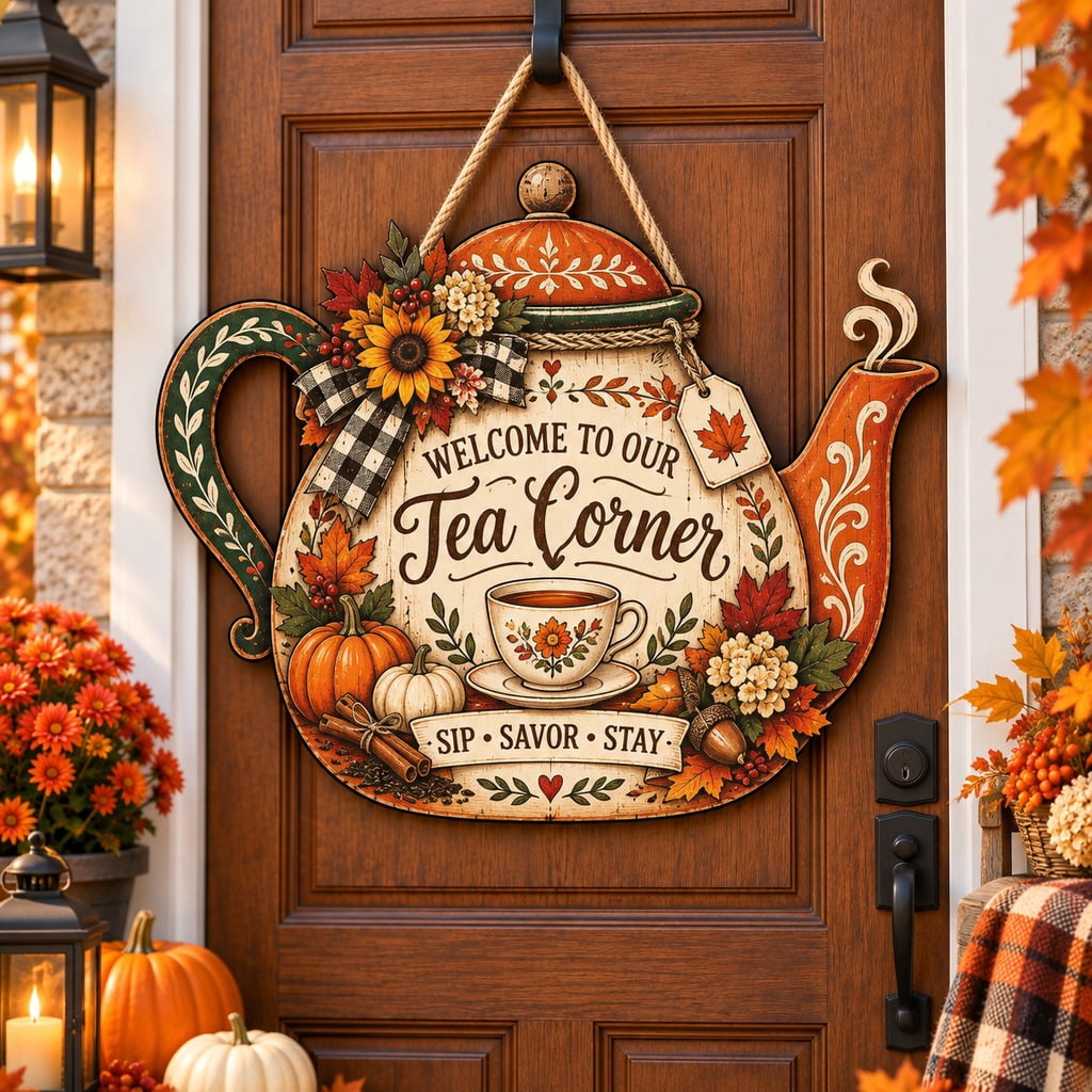 Fall Door Hanger Tea Corner Teapot Pumpkins Front Entry Welcome Gift ...
