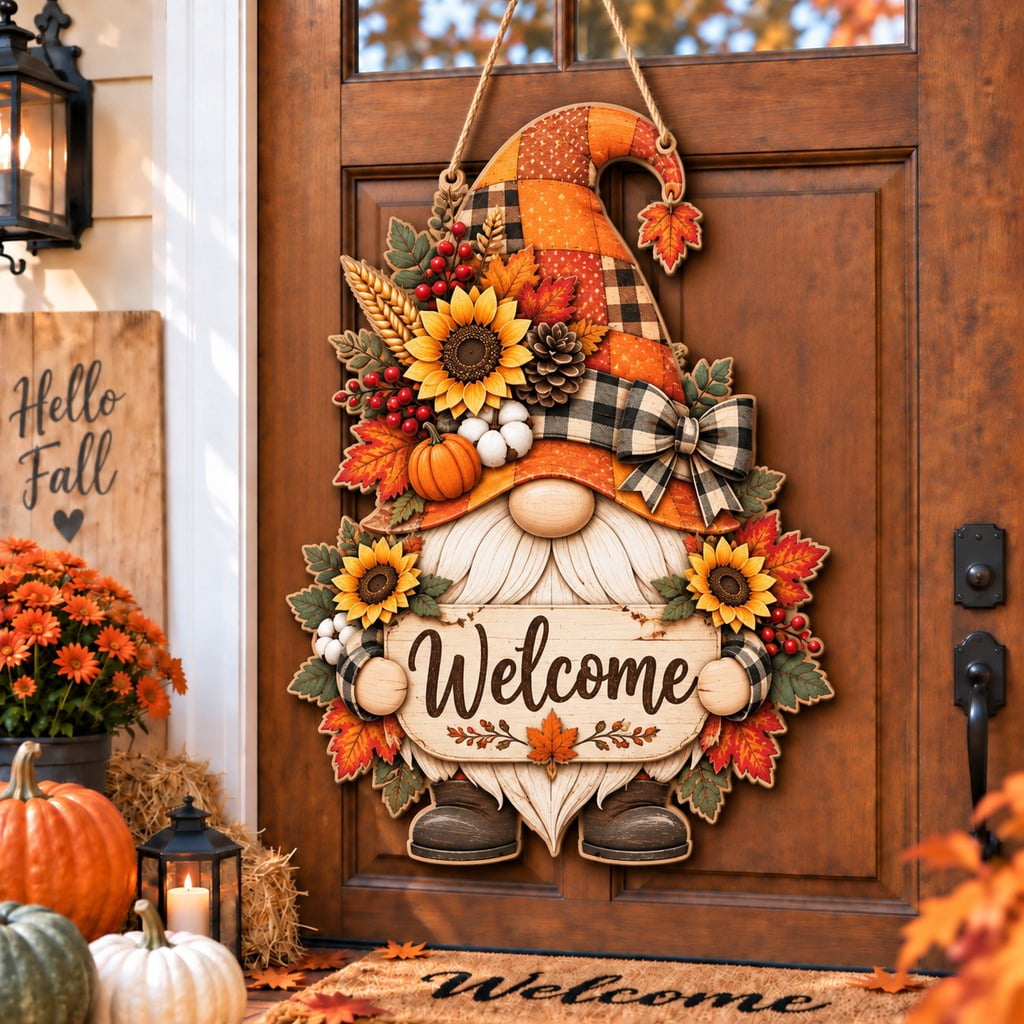 Fall Door Hanger, Welcome Gnome with Pumpkin Hat, Sunflowers and Leaves ...