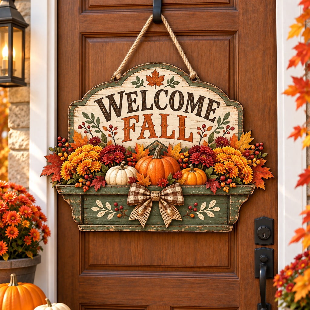 Fall Door Hanger, Welcome Pumpkin and Mum Front Porch Sign - Walmart.com