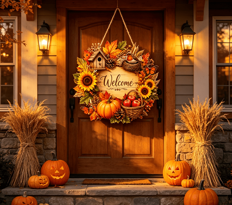Fall Door Hanger Welcome Sign, Fall Wreath Front Door Sign, Autumn ...