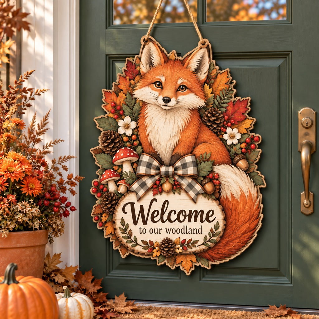 Fall Door Hanger, Woodland Fox with Mushrooms, Acorns and Leaves for ...