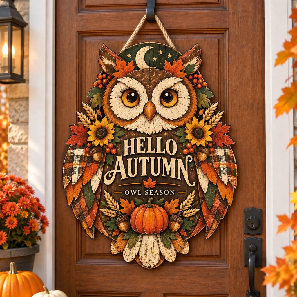 Fall Door Sign, Autumn Owl Pumpkin Moon Maple Leaf Entryway Hanger for ...