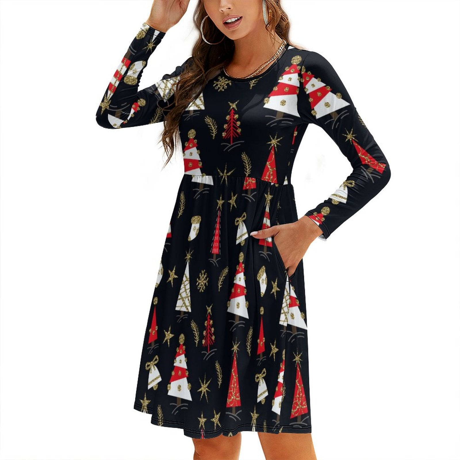 Fall Dresses for Women 2024, Christmas Tree And Gold Socks Long Sleeve ...