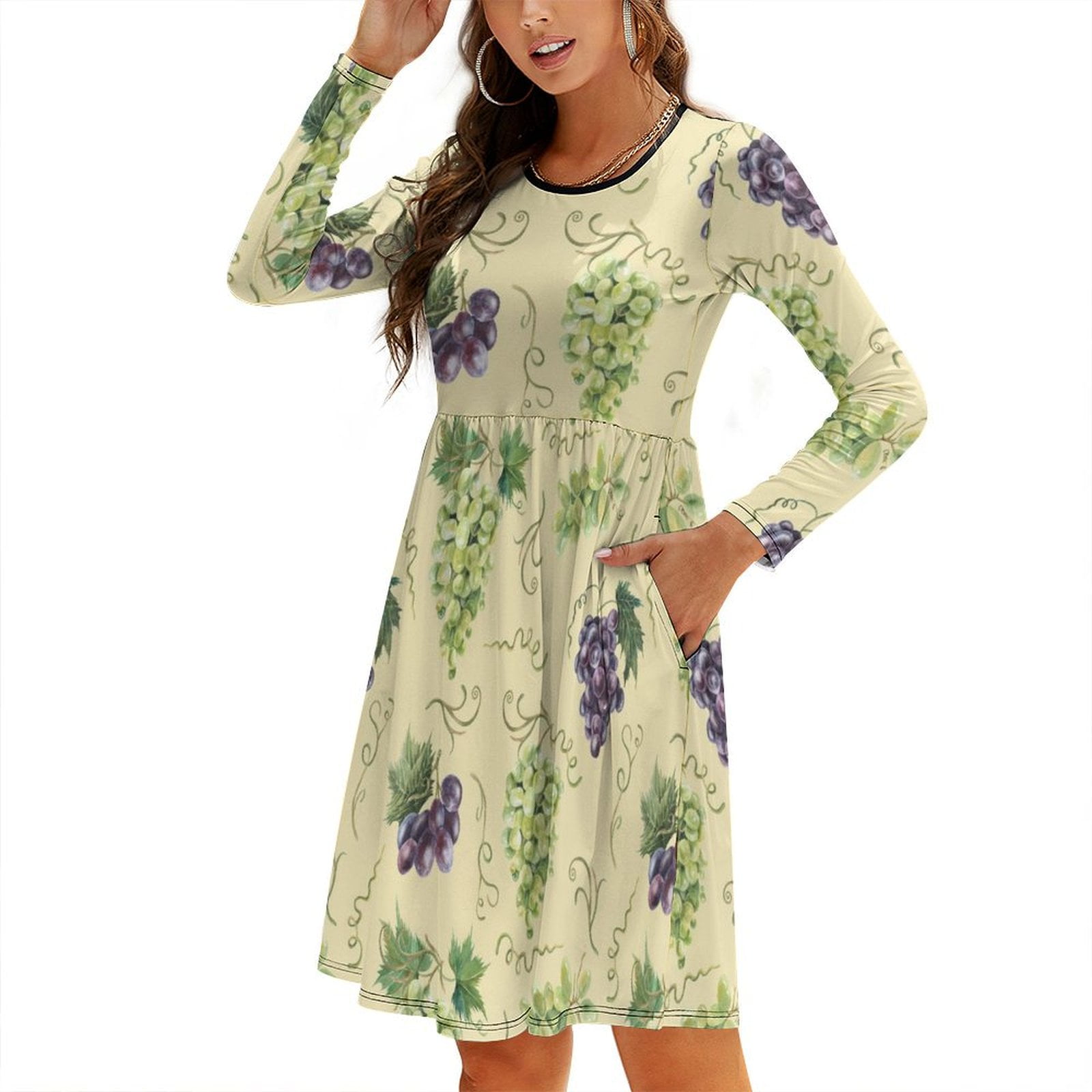Fall Dresses for Women 2024, Green And Purple Grapes Long Sleeve Fall ...