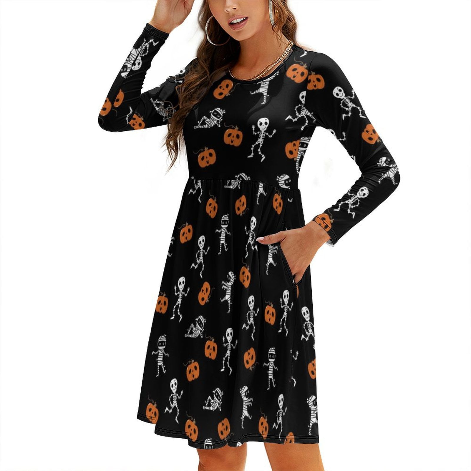 Fall Dresses for Women 2024, Pumpkins Skull Halloween Print Womens Fall Dresses Long Sleeve ...