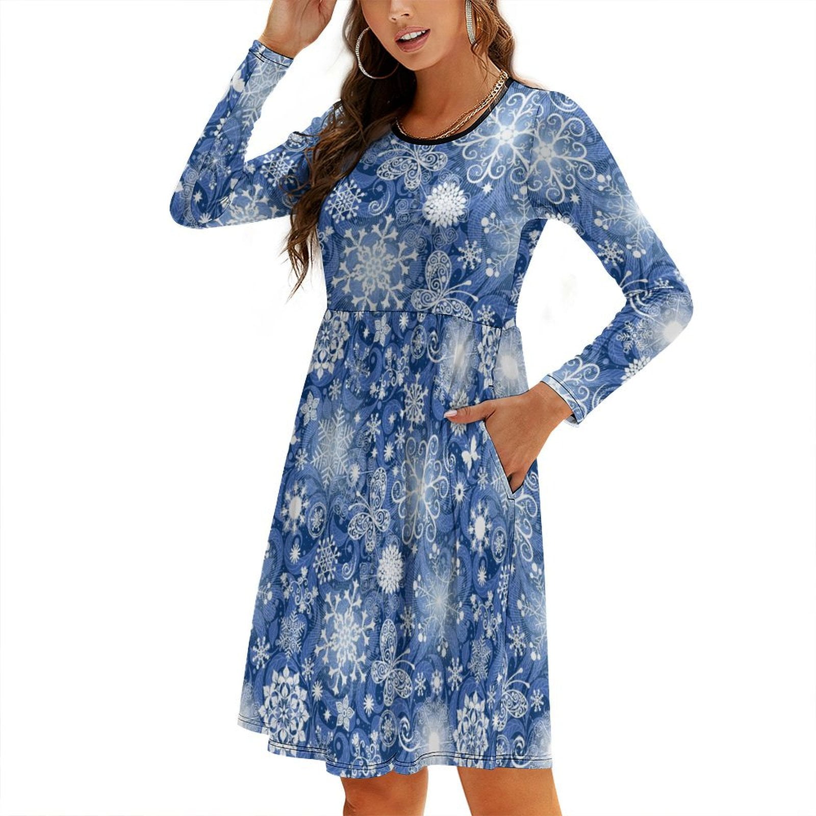 Fall Dresses for Women 2024, Whiet Snowflake Blue Background Long ...