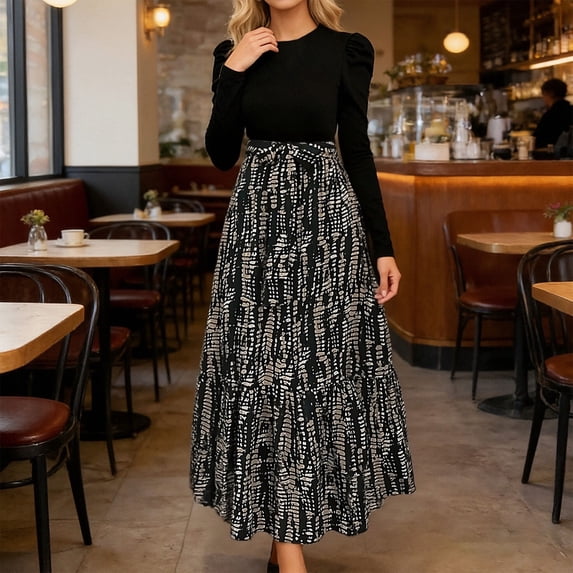 Fall Dresses for Women Boho Floral Crew Neck Long Sleeve Elegant A-Line ...