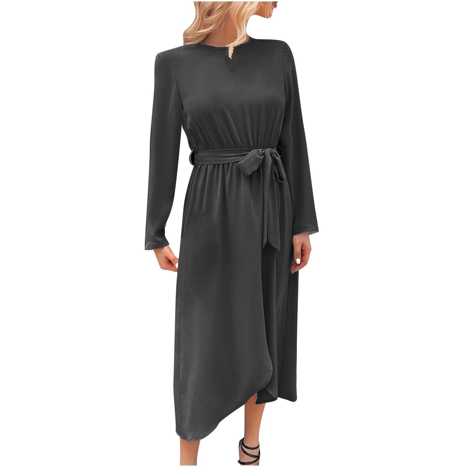 Fall Dresses for Women Elegant Crewneck Solid Color Long Sleeve Dress ...