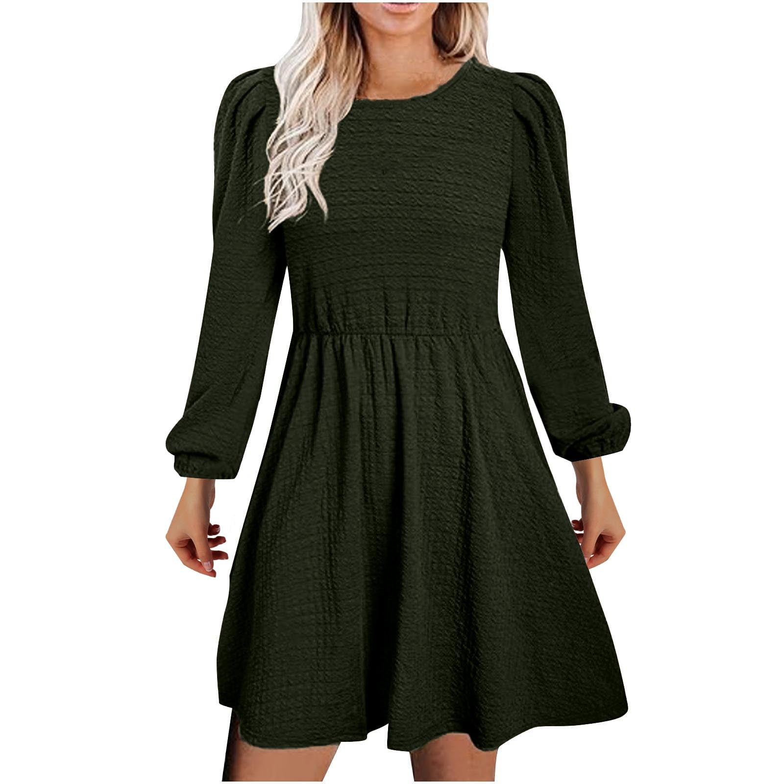 Fall Dresses for Women Long Sleeve Round Neck Casual Empire Waist Dress Winter Knee Length ...