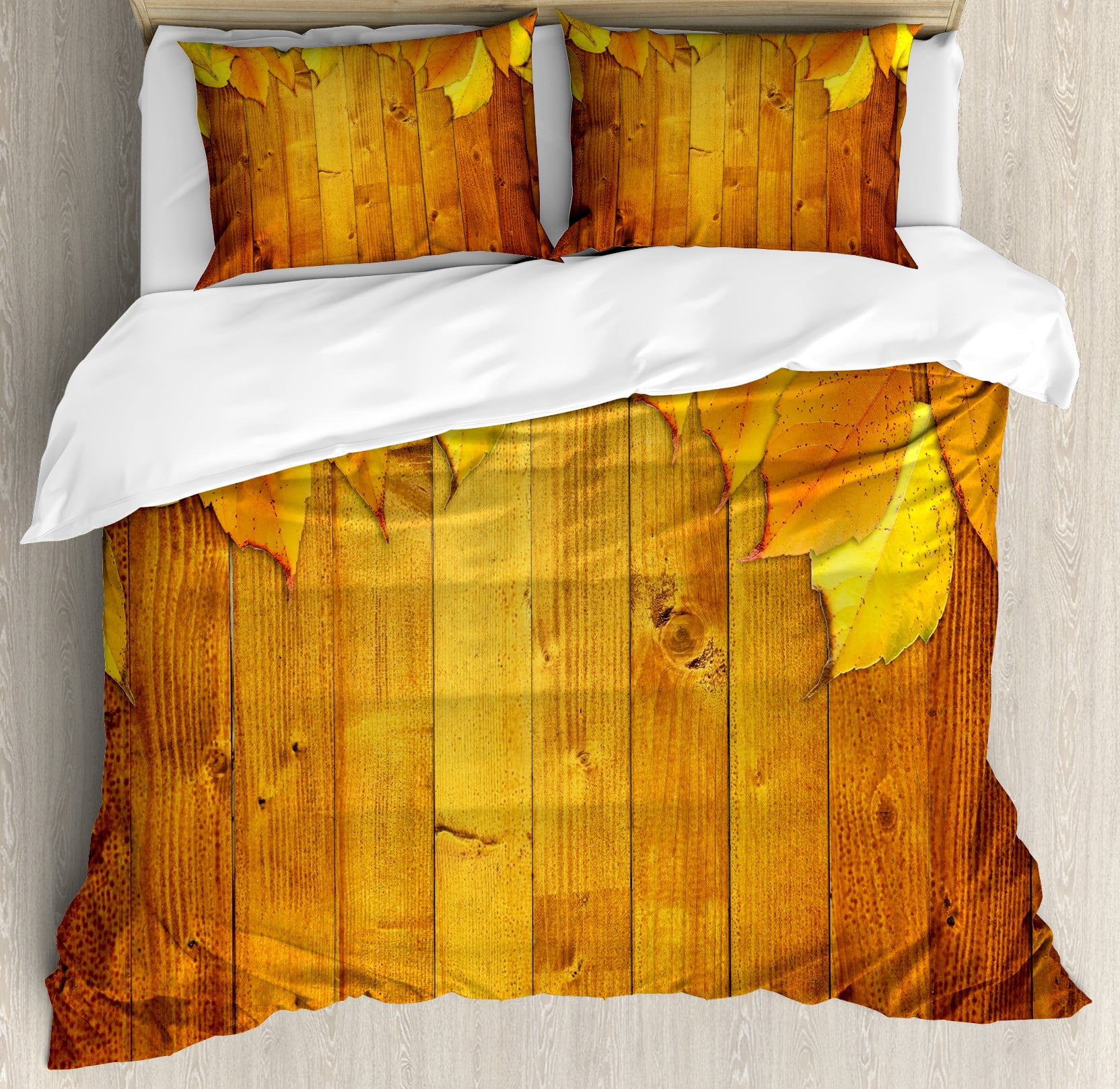 Fall Duvet Cover Set, Colorful Vivid Seasonal Leaves on the Wooden ...