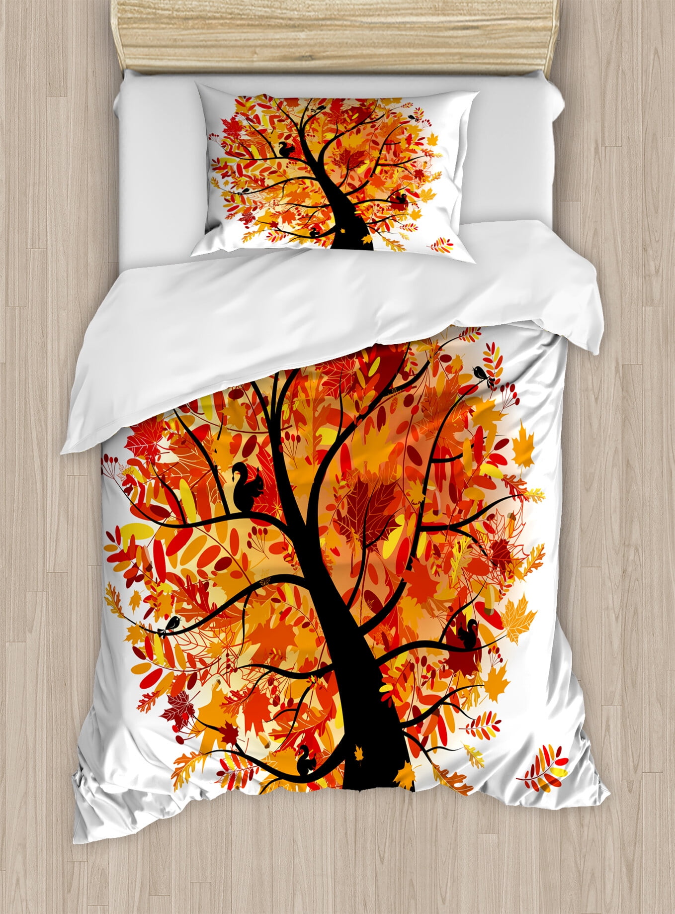 Fall Duvet Cover Set, Curvy Tree with Various Different Falling Leaves ...