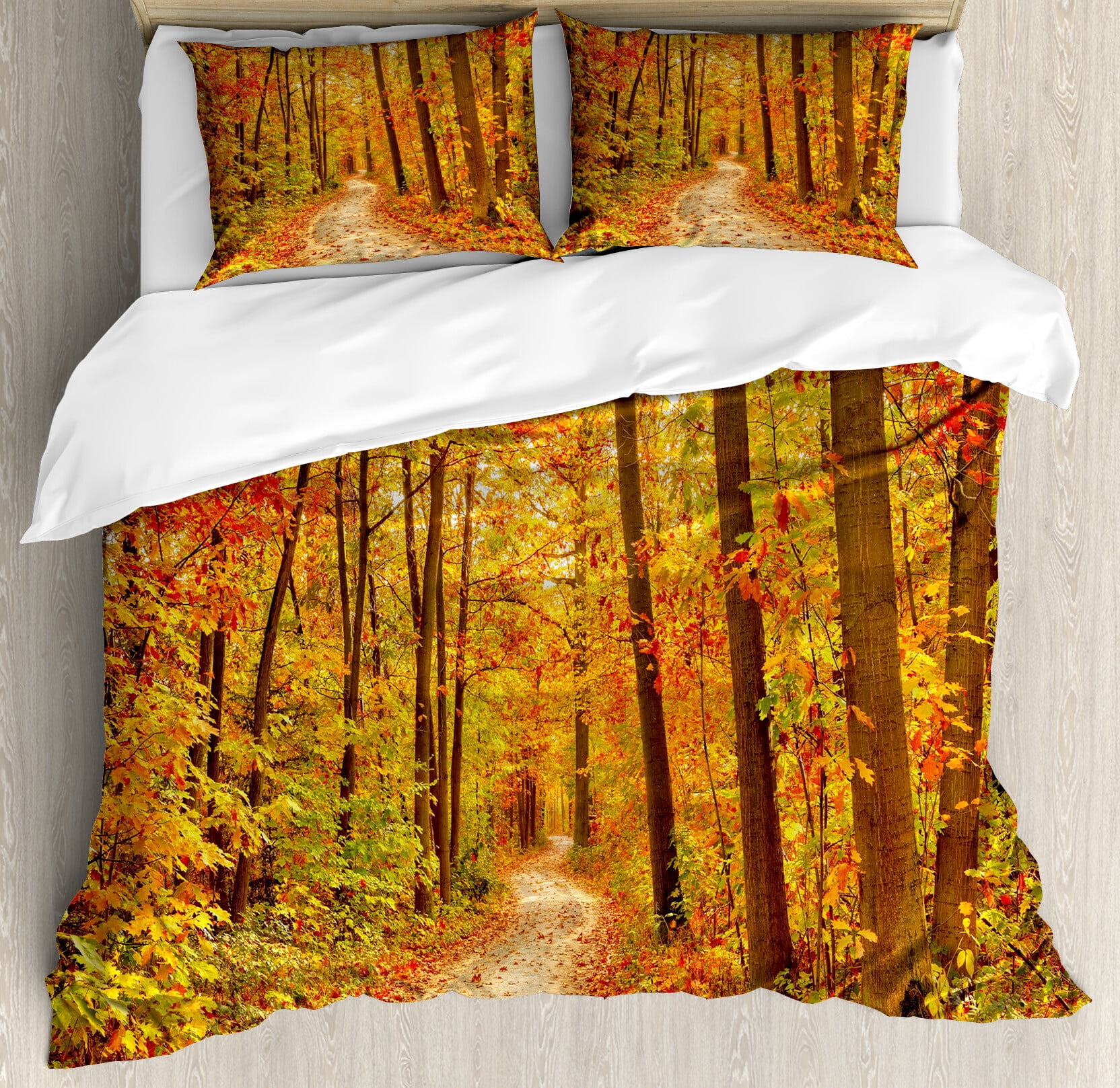 Fall Duvet Cover Set, Deciduous Trees Seasonal Leaves Pathway ...