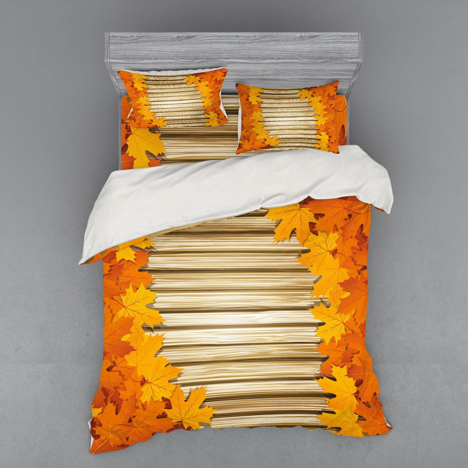 Fall Duvet Cover Set, Fallen Leaves on Wooden Wall September Foliage ...
