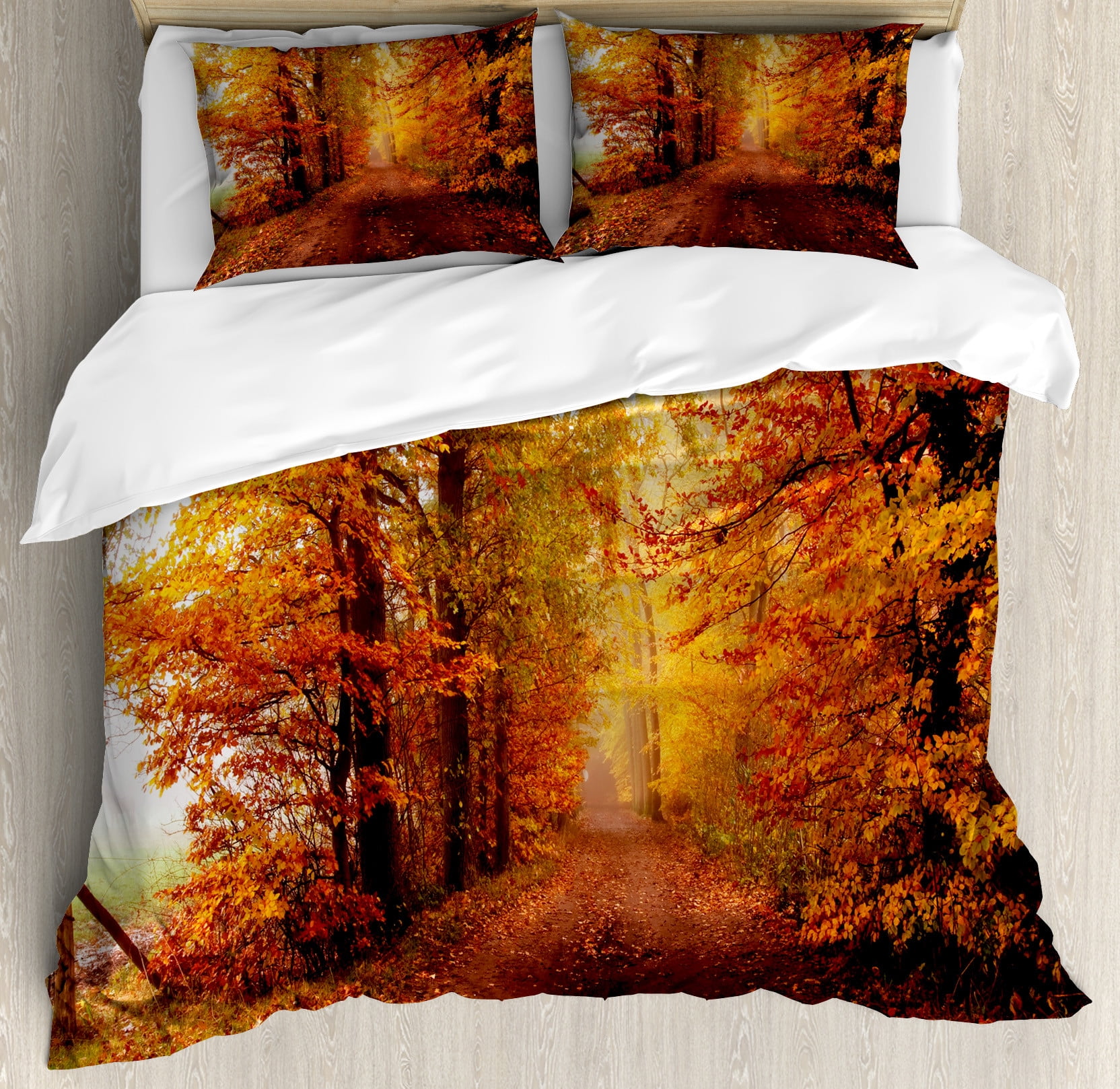 Fall Duvet Cover Set, Footpath in Foggy Woods Peaceful September Serene ...