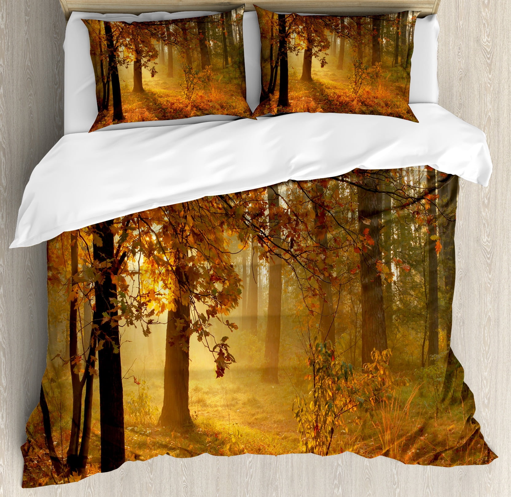 Fall Duvet Cover Set, Misty Autumnal Forest with Rising Sun Early ...