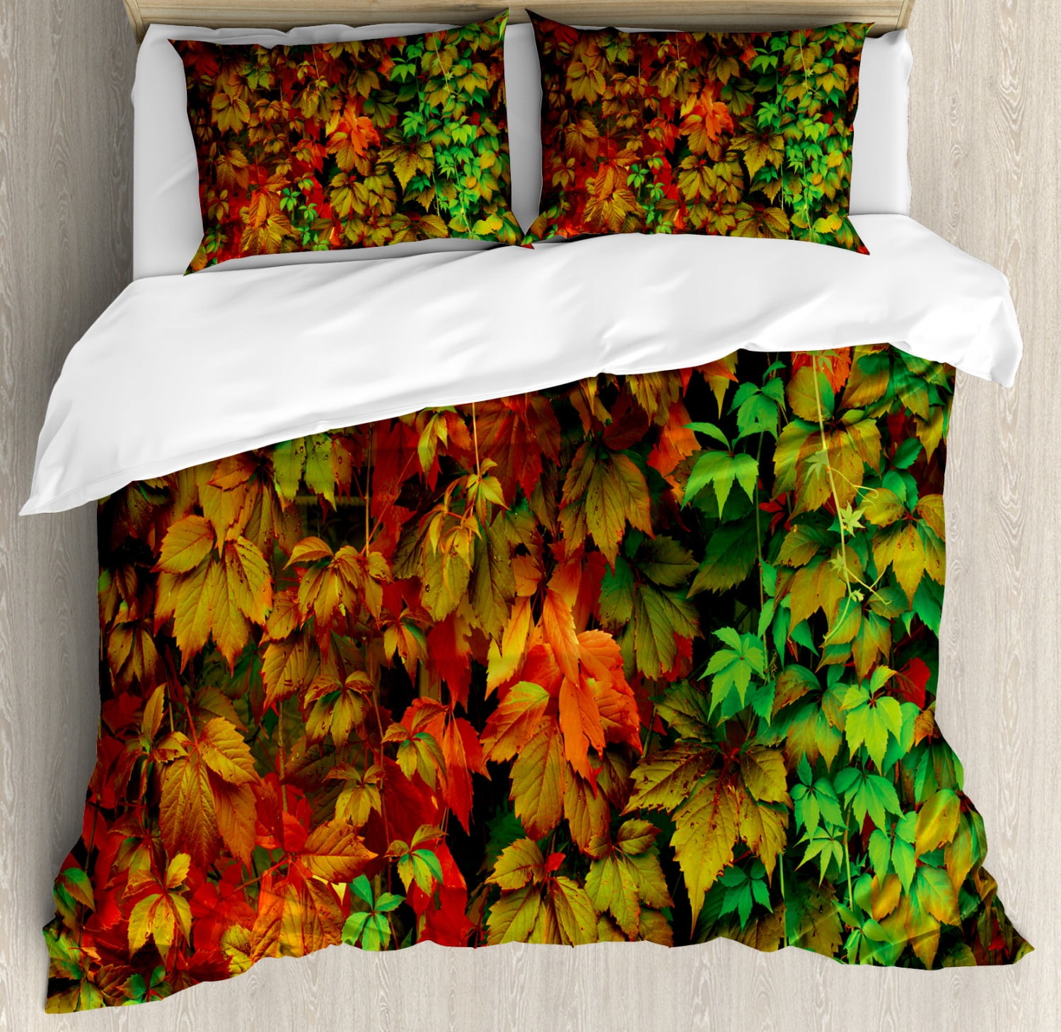 Fall Duvet Cover Set Queen Size, Vivid Leaves of Fall Colorful Fresh Nature Leafage Change of ...