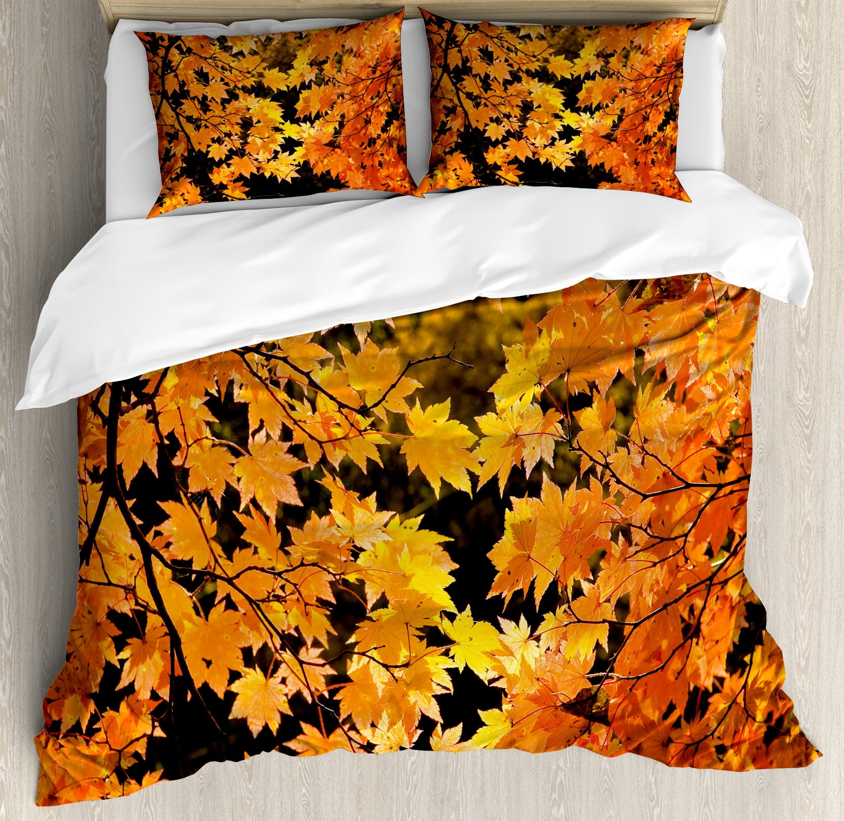 Fall Duvet Cover Set, Vibrant Leaves of Autumn Maple Tree Branches with ...