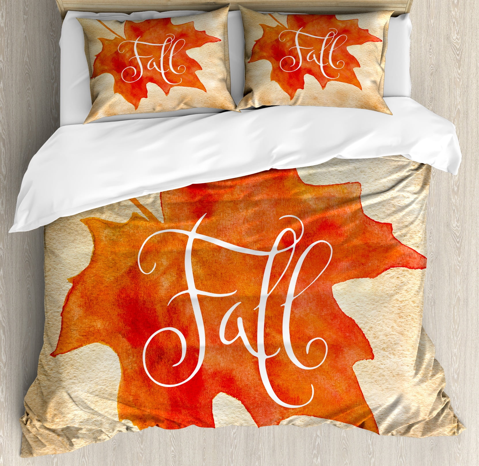 Fall Duvet Cover Set, Vivid Watercolor Style Maple Leaf Fall Word on ...