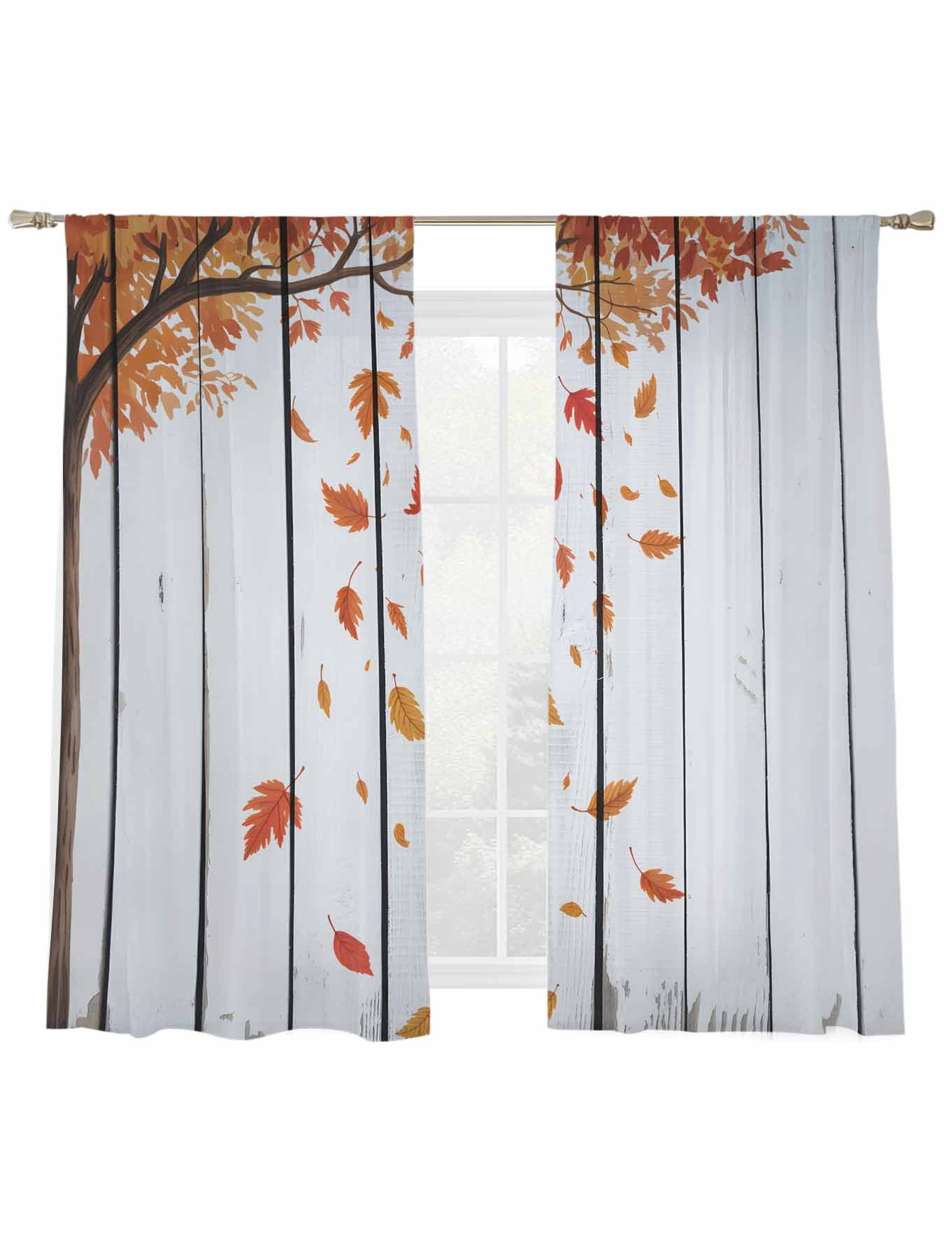 Fall Fallen Leaves Sheer Curtains 2 Panels Set Red Brown Leaf White ...