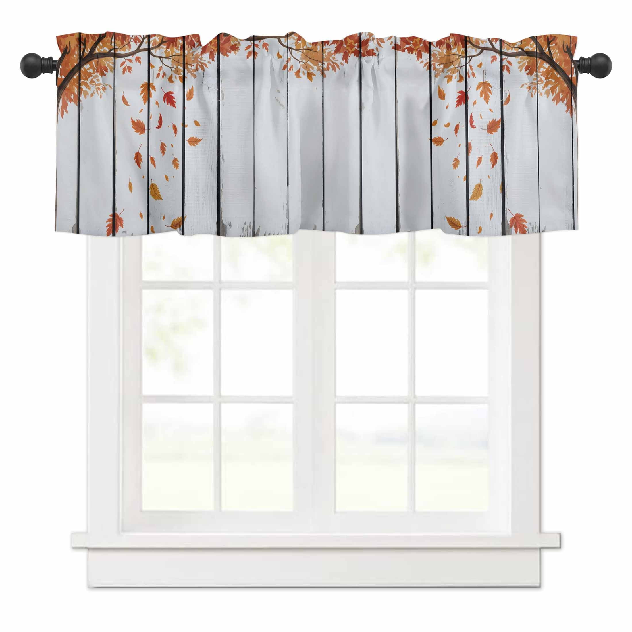 Fall Fallen Leaves Valances for Windows Red Brown Leaf White Wood Grain ...